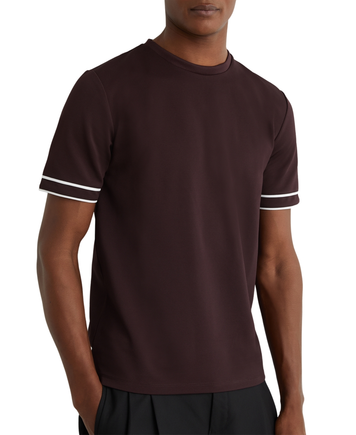 Click here for Reiss Mens Piped-Trim Textured T-Shirt - Cherry Re... prices