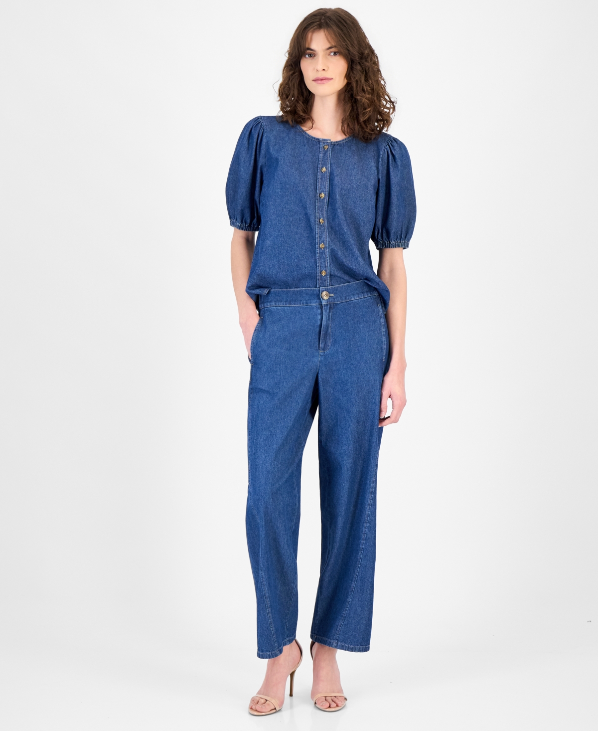 Click here for Anne Klein Womens Cotton High-Rise Wide-Leg Jeans... prices