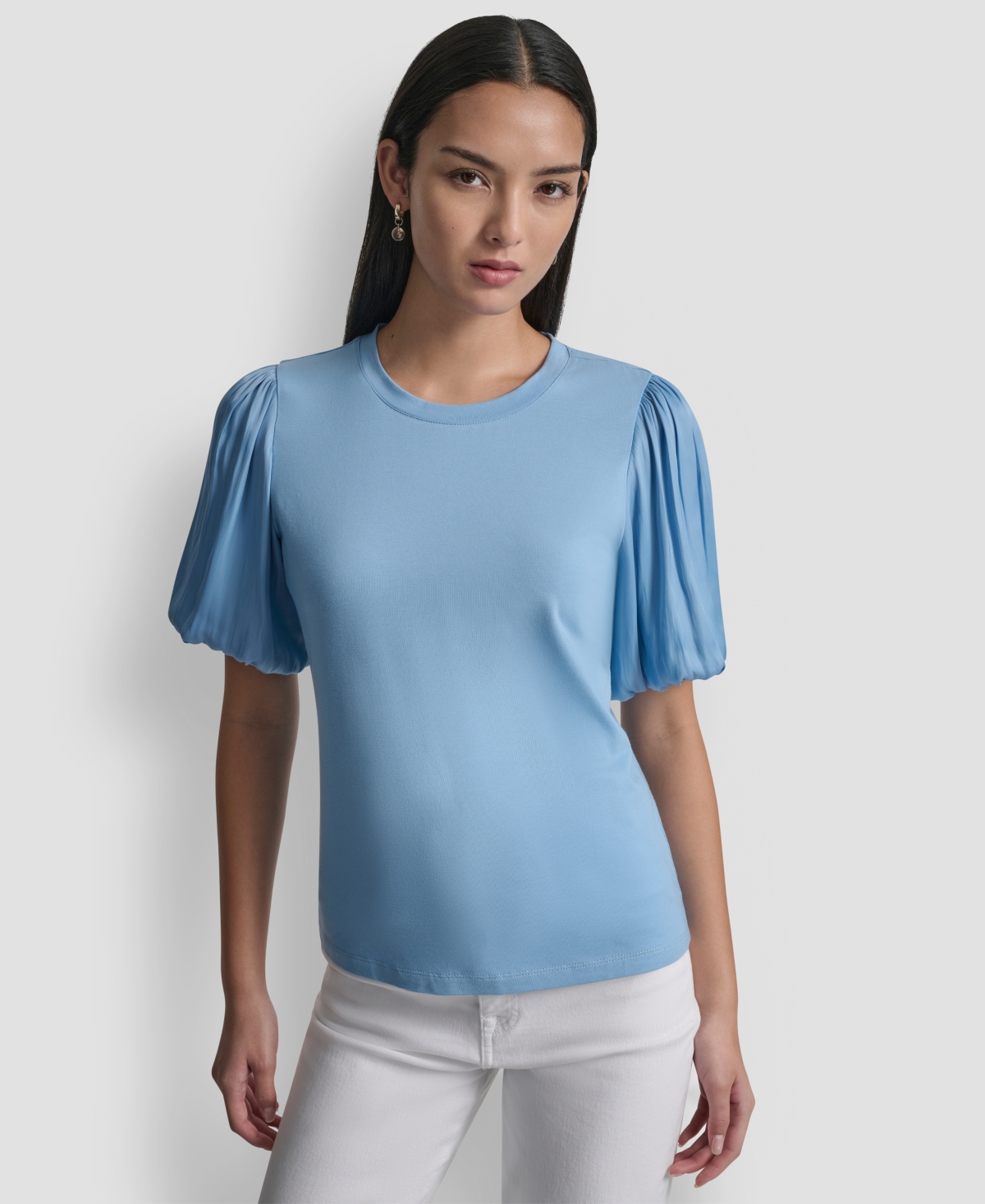 Click here for Dkny Womens Puffed Crewneck Mix Media Knit Top - S... prices