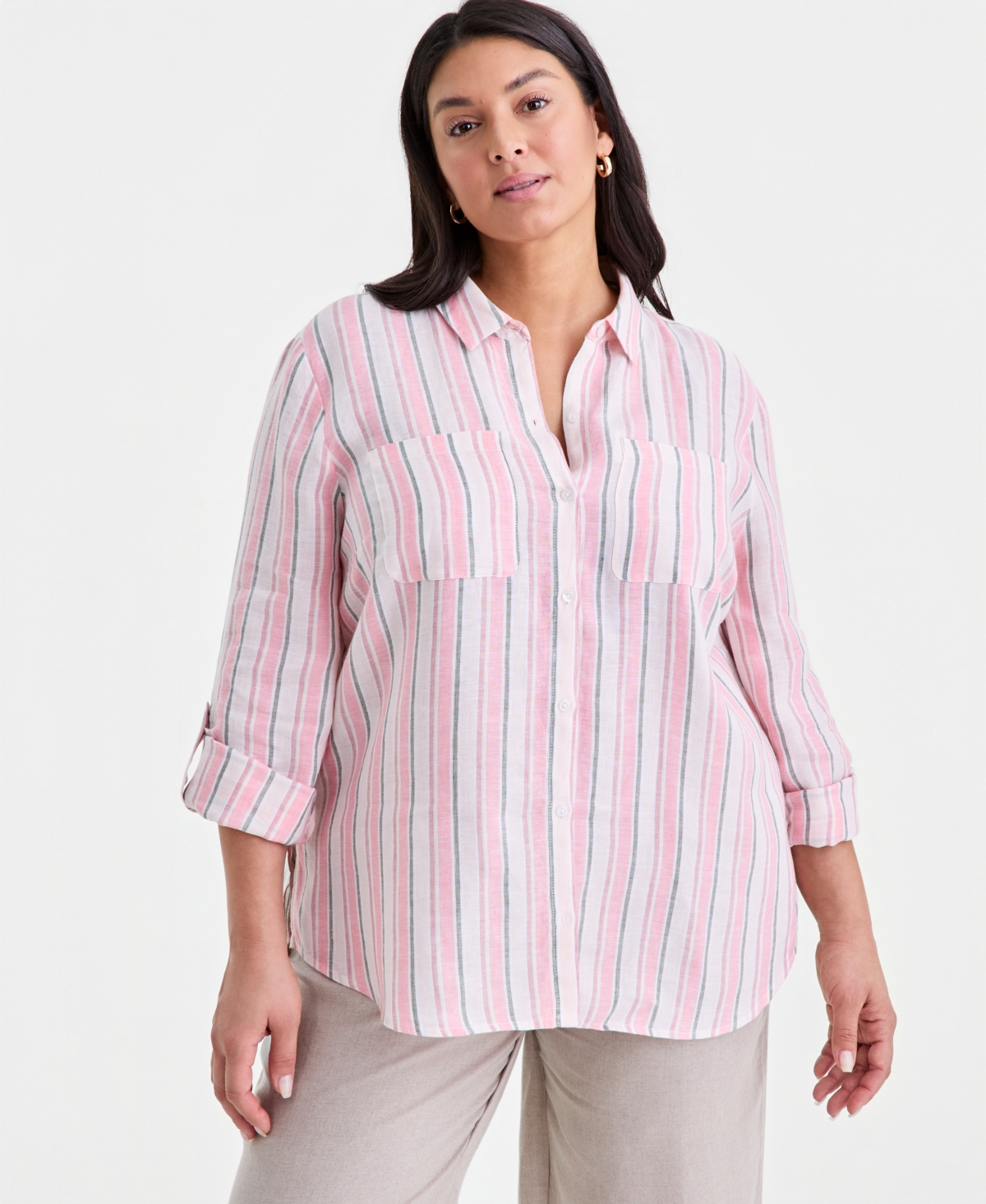 Click here for Charter Club Plus Size Linen Multi-Stripe Button-F... prices
