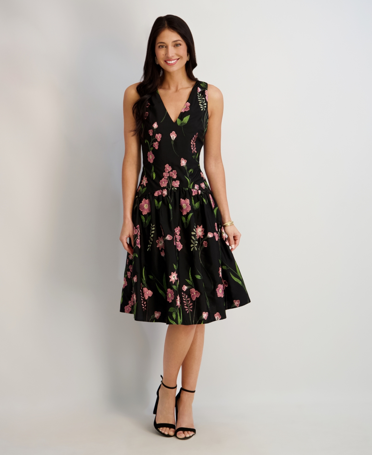 Click here for kensie Womens Embroidered V-Neck Dress - Black prices