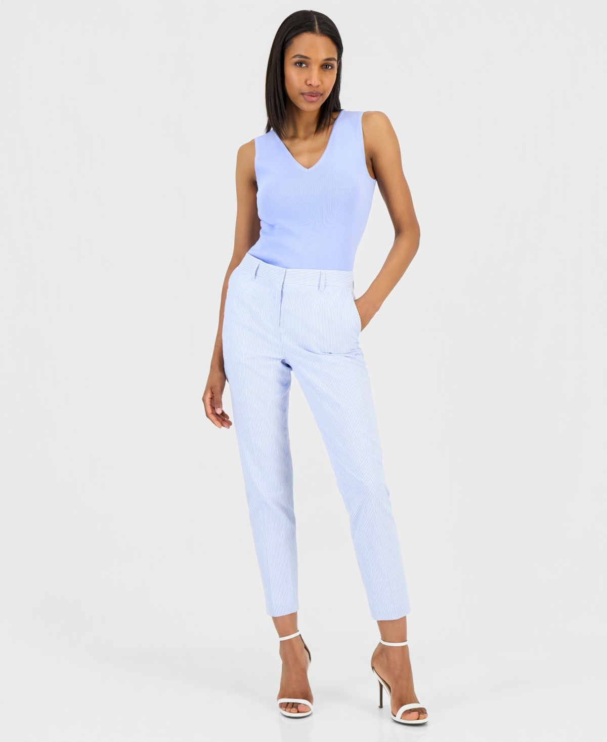 Click here for Tahari Asl Womens Seersucker Stripe Cotton Slim-Le... prices