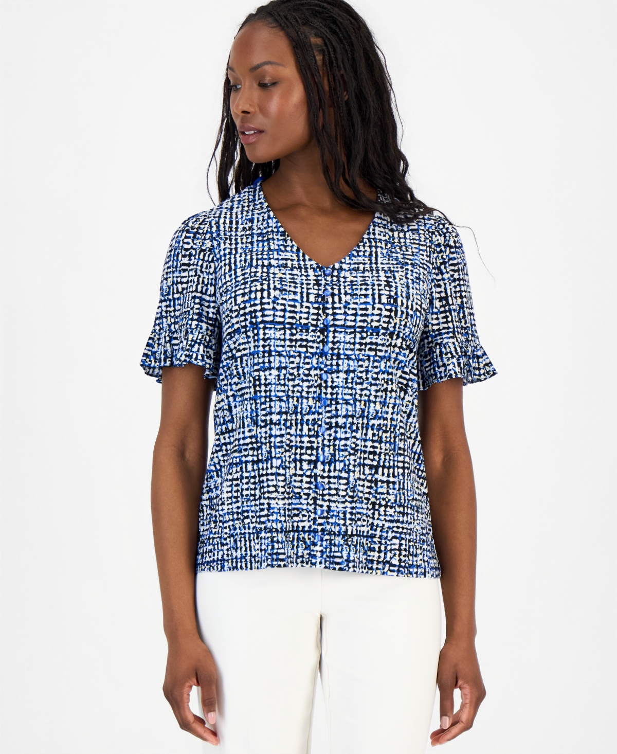 Click here for Anne Klein Essentials Petite Printed Ruffle-Sleeve... prices