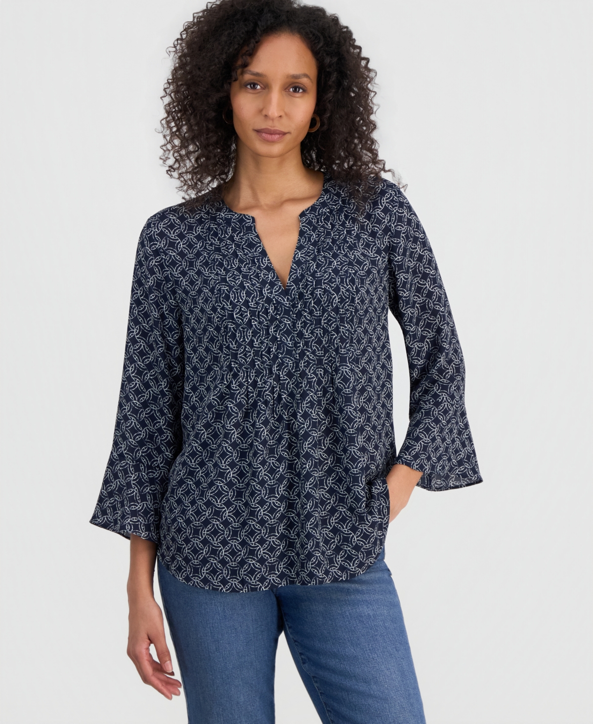 Click here for Style & Co Womens Printed Pintuck Ruffle Sleeve To... prices