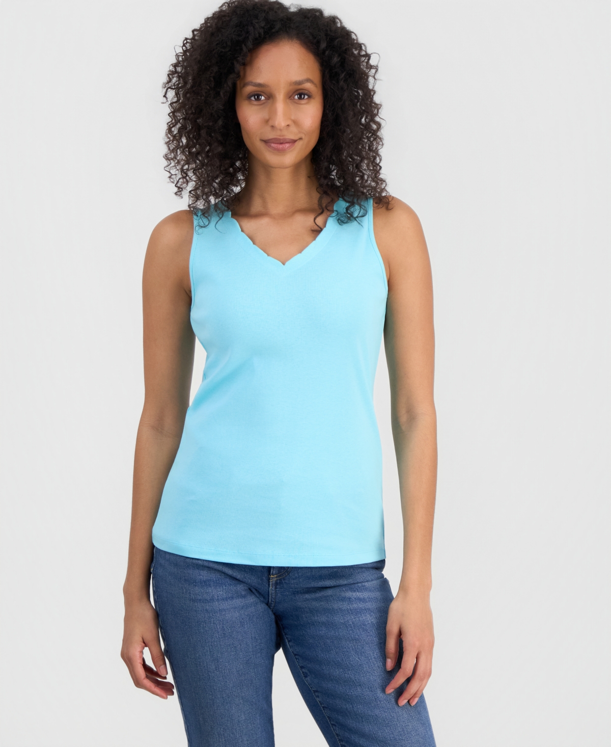 Click here for Style & Co Womens Cotton Scalloped V-Neck Sleevele... prices