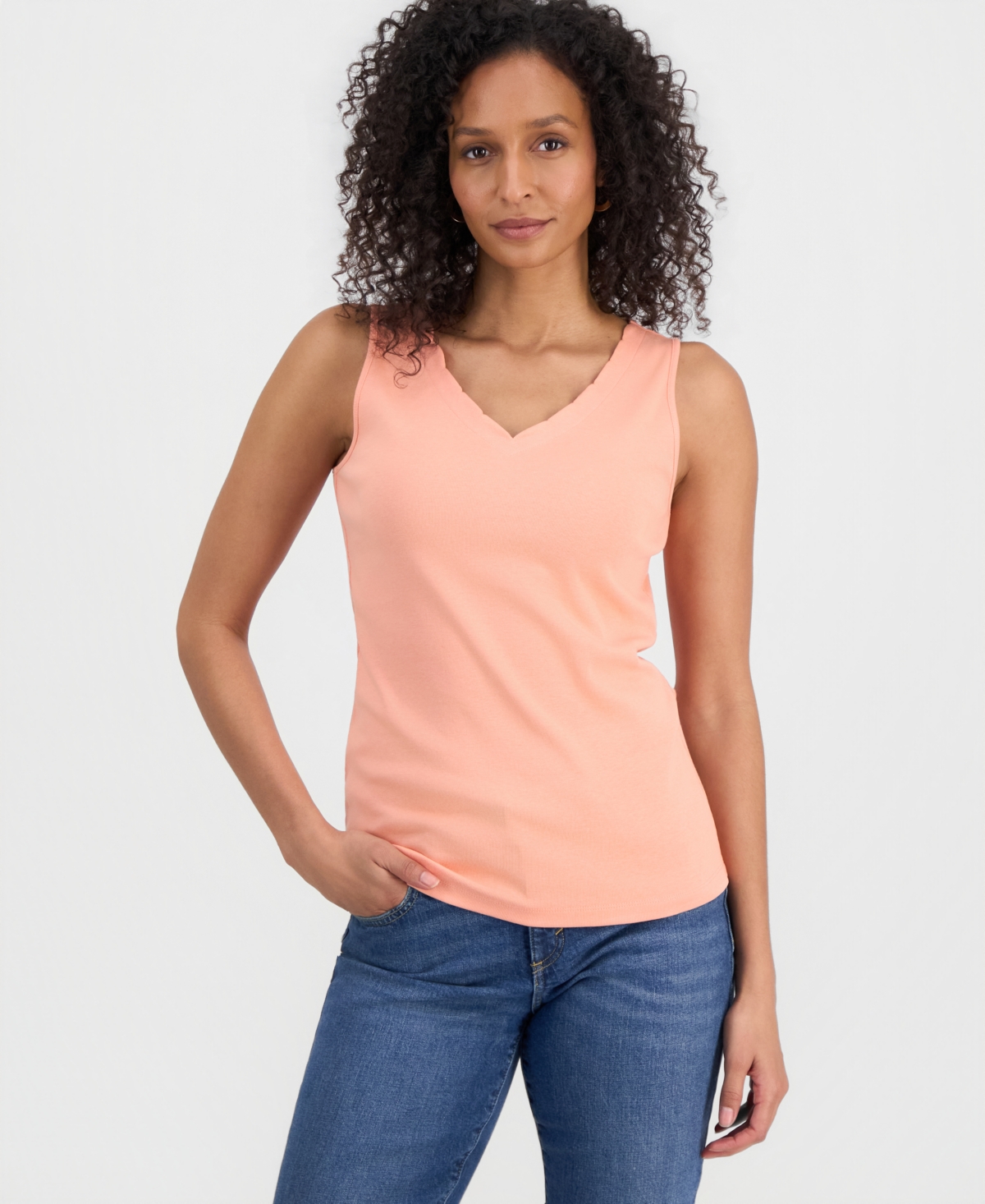 Click here for Style & Co Womens Cotton Scalloped V-Neck Sleevele... prices