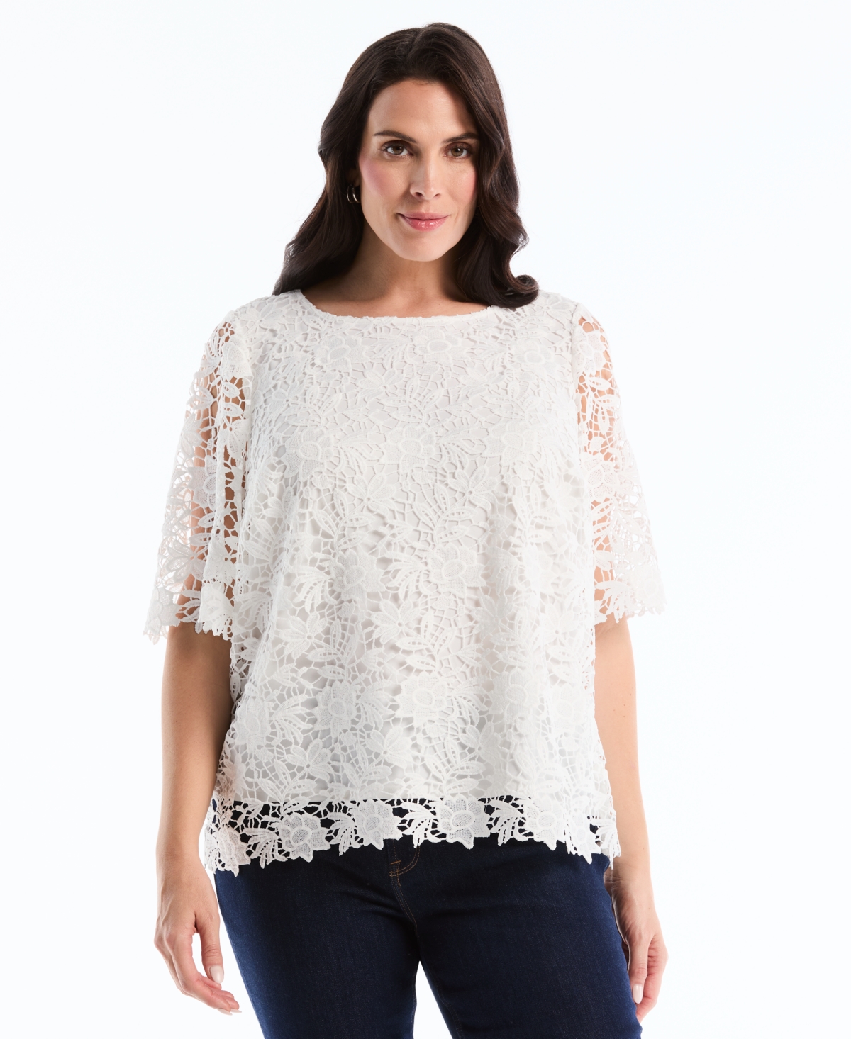 Click here for Rafaella Plus Size Scalloped Elbow-Sleeve Jewel Ne... prices