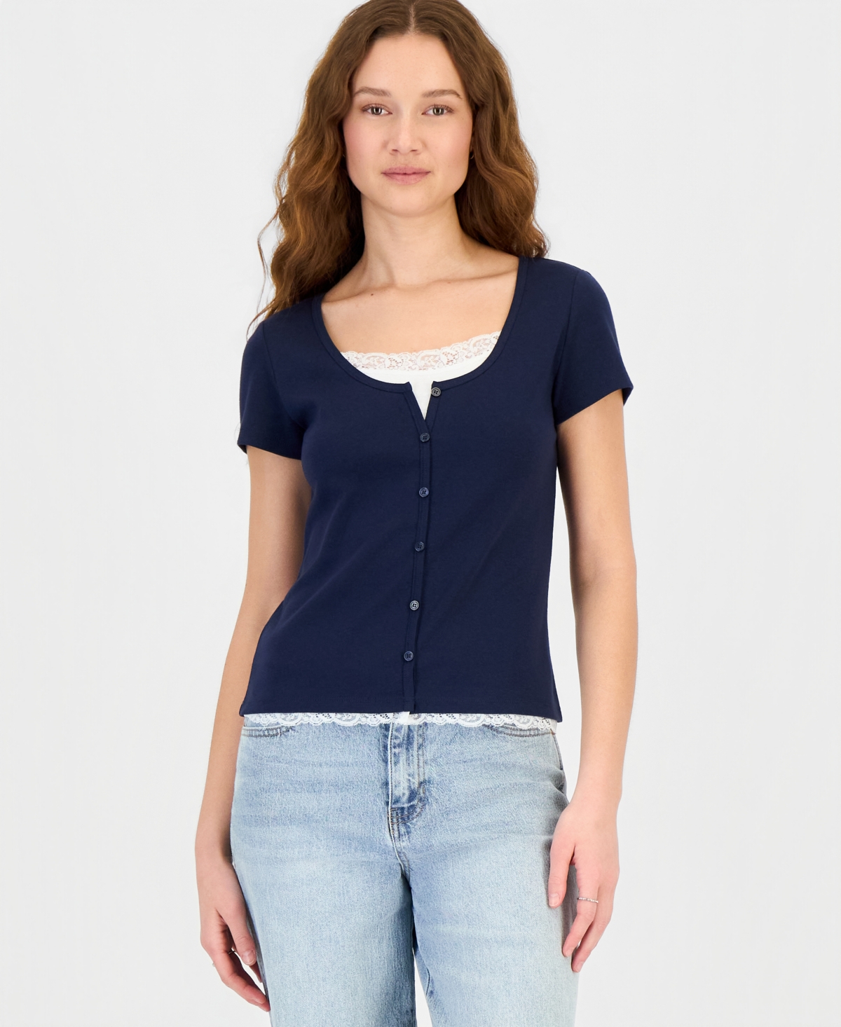 Click here for Hippie Rose Juniors Lace-Trim Layered-Look Tee - N... prices