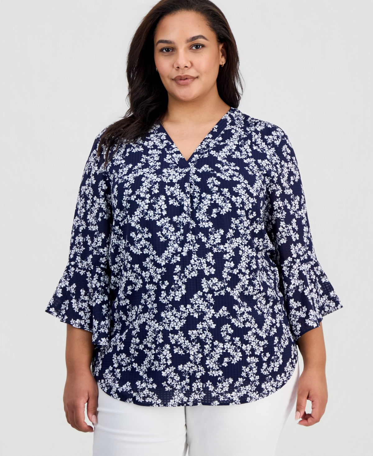 Click here for Jones New York Plus Size Printed Y-Neck 3/4-Sleeve... prices