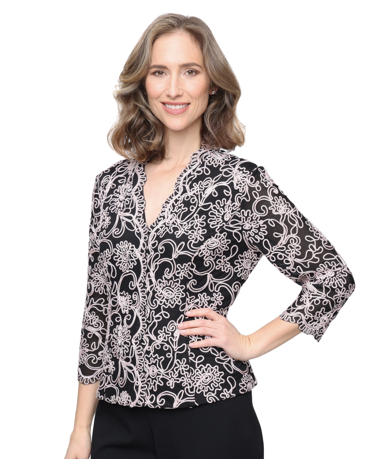 Click here for Alex Evenings Petite Floral-Embroidered 3/4-Sleeve... prices