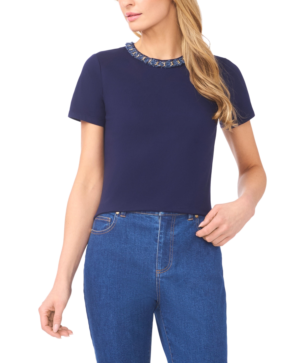 Click here for CeCe Womens Denim Chain Crew Neck Trim T-Shirt - C... prices