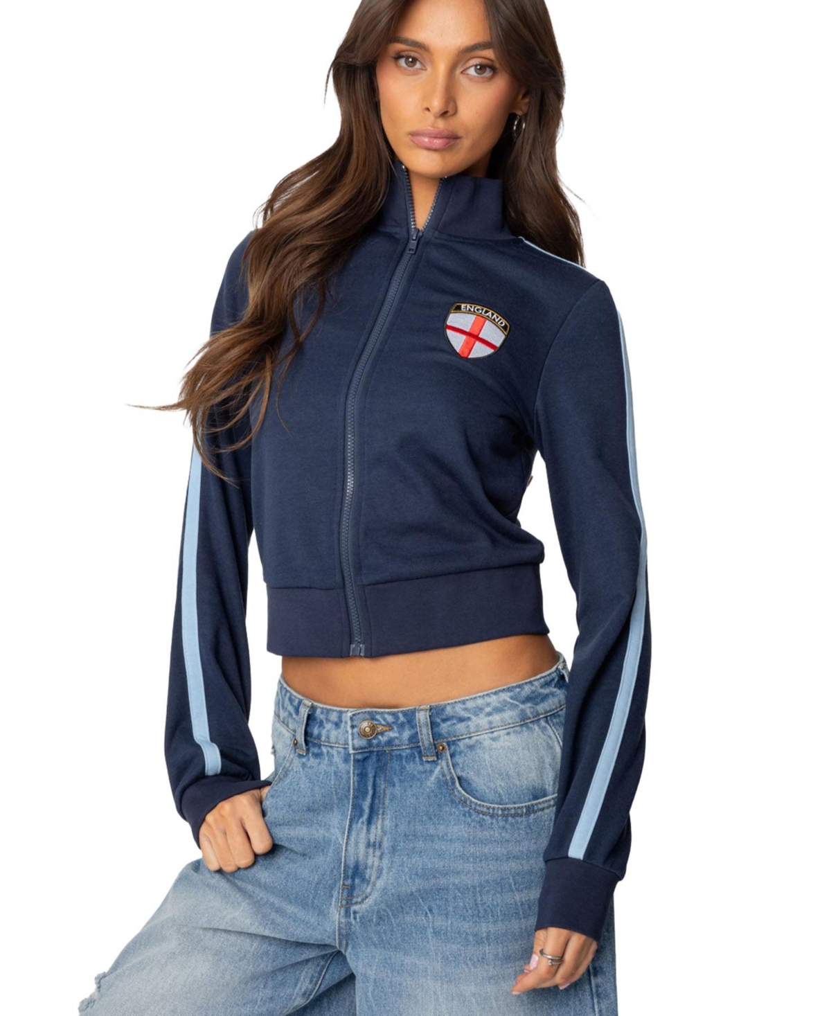 Click here for Edikted Womens England Zip Up Sweatshirt - Navy prices