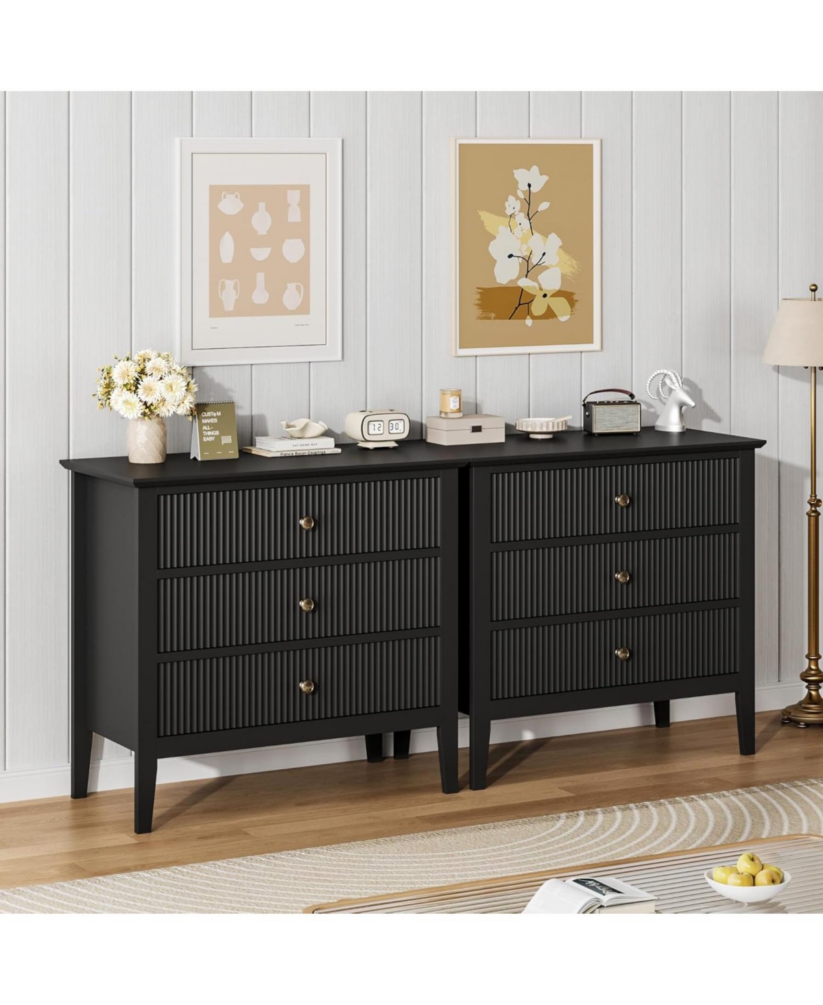 Click here for gaomon Fluted 3 Drawers Dresser Set of 2  Wide Woo... prices