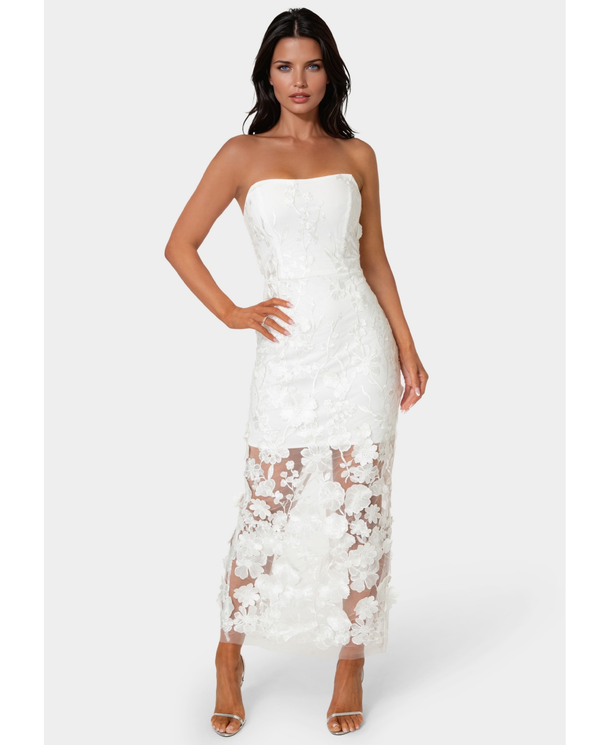 Click here for Bebe Womens Strapless 3D Lace Column Dress - White prices