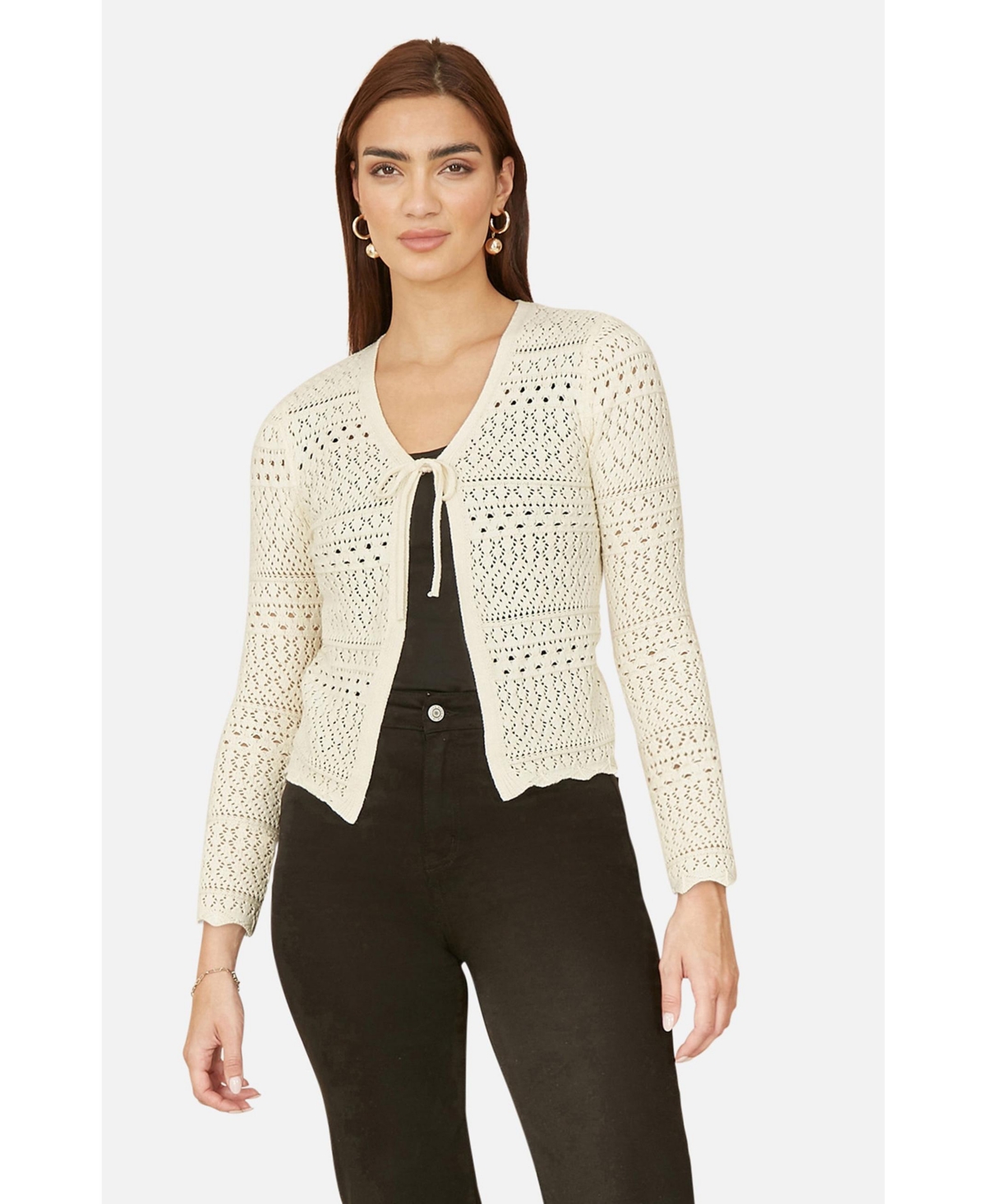 Click here for Yumi Womens Crochet Tie Front Cardigan - Ivory prices