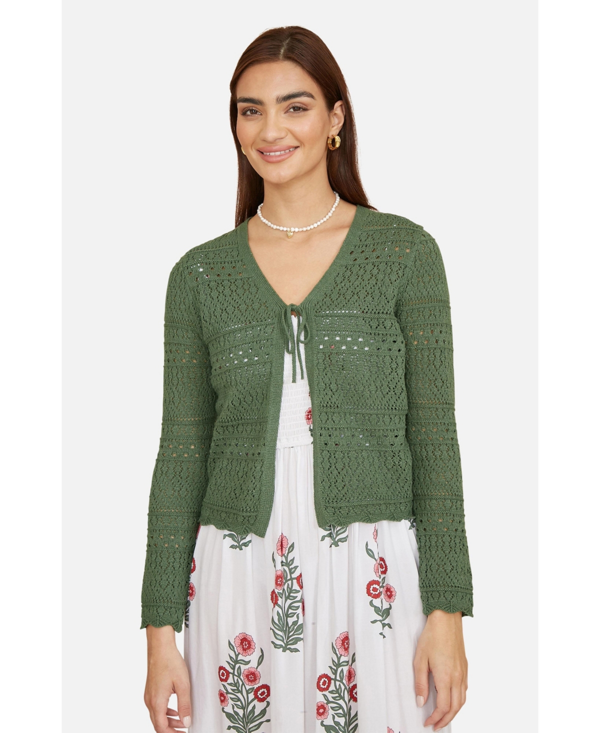 Click here for Yumi Womens Crochet Tie Front Cardigan - Green prices