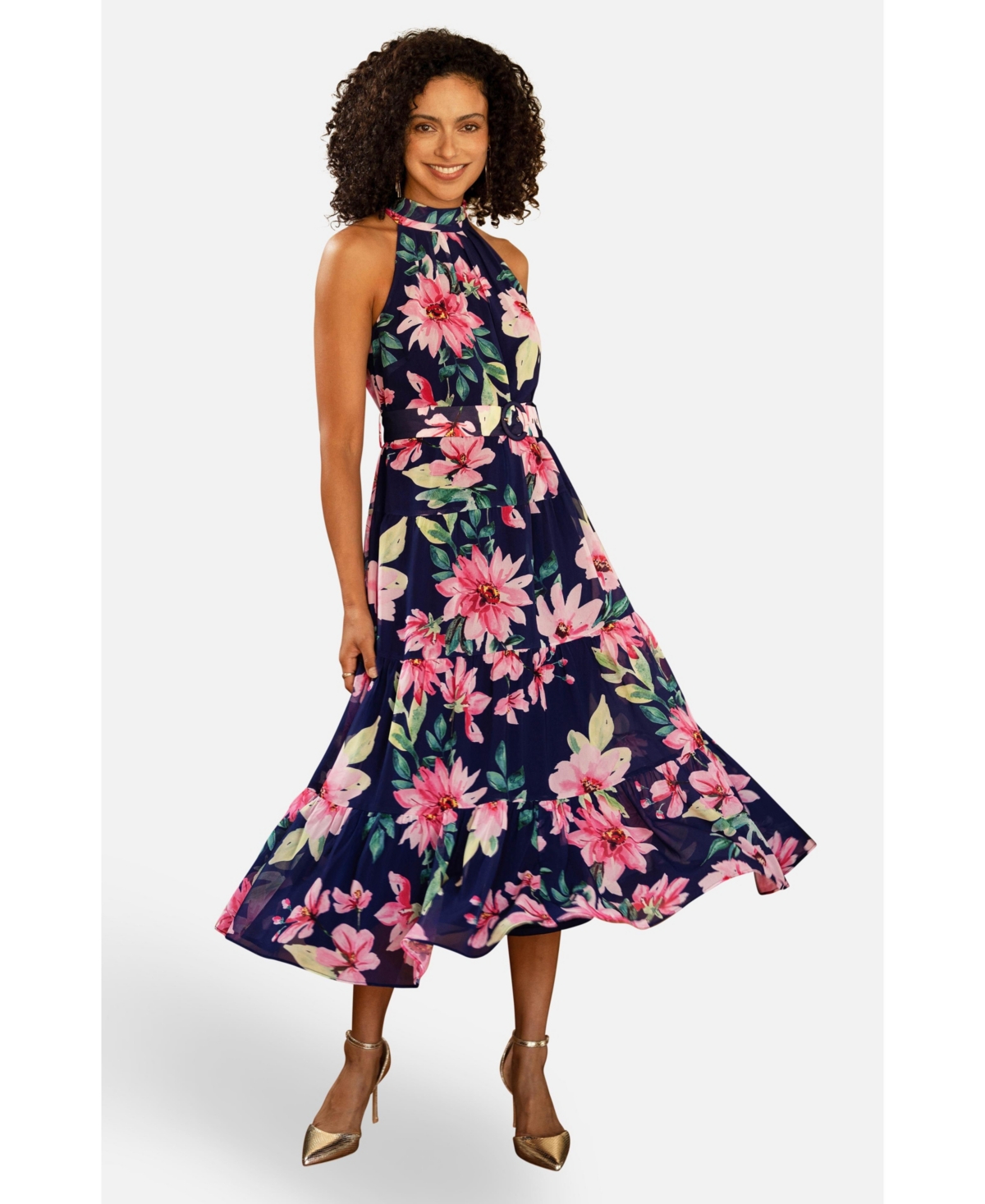 Click here for Yumi Womens Floral Halter Neck Midi Dress - Navy prices