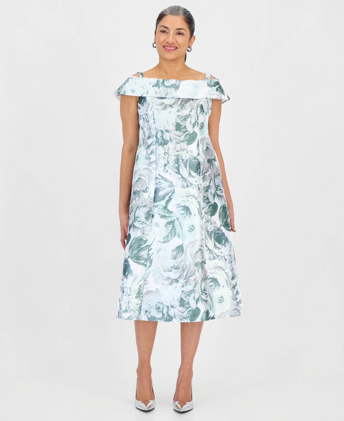 Click here for Connected Petite Printed Off-Shoulder Midi Dress -... prices