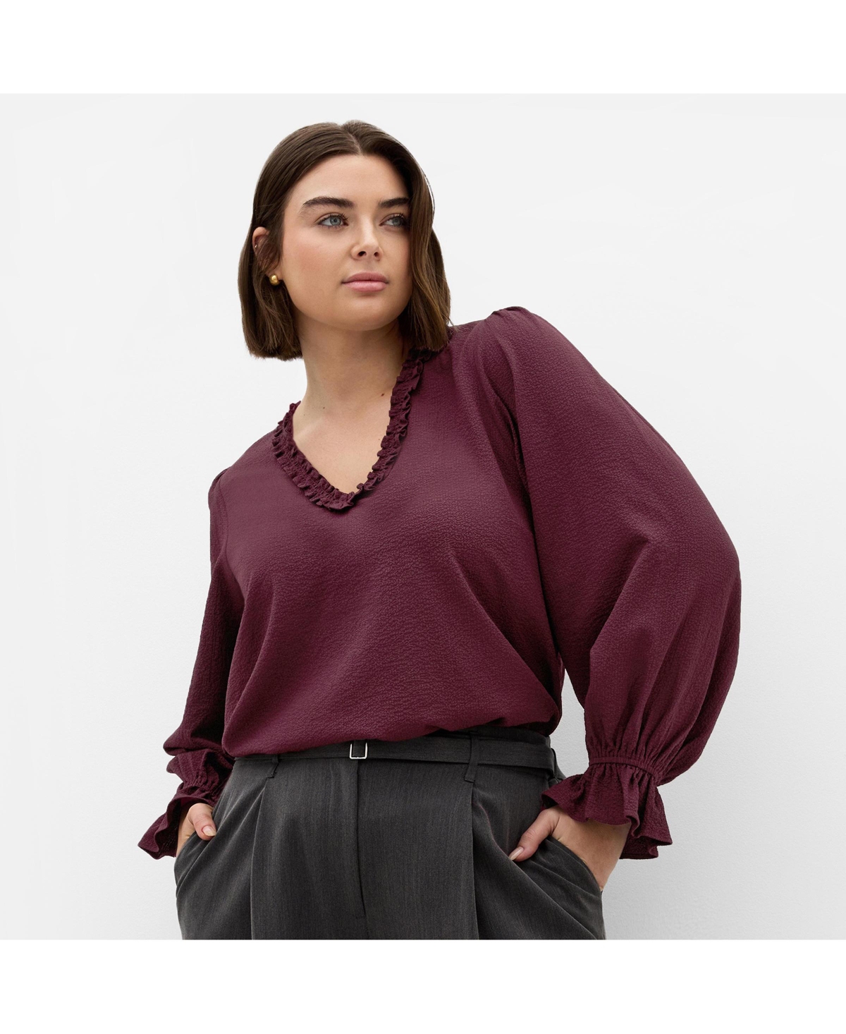 Click here for City Chic Womens Marena Ruffle V Neck Top - Bordea... prices