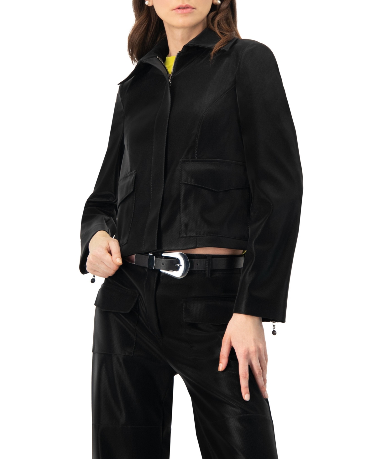 Click here for Ivonne Womens High Shine Biker Jacket - Black prices