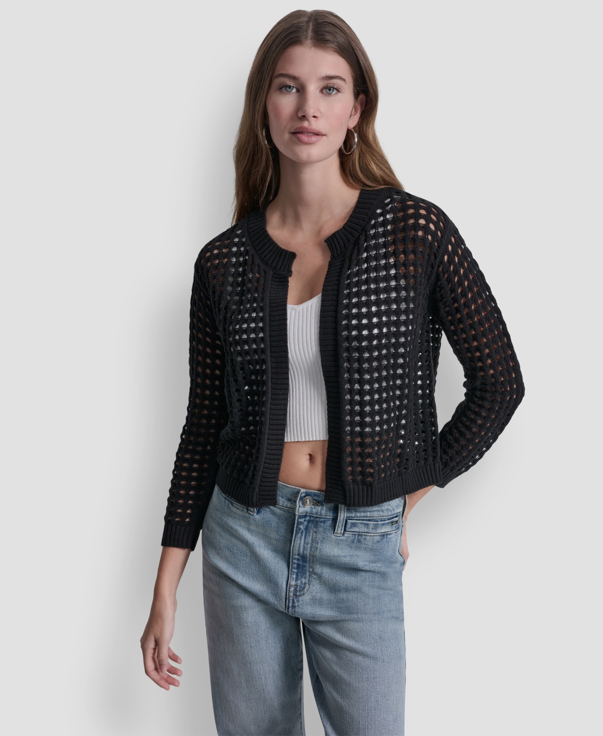 Click here for Dkny Jeans Petite Open-Stitch Cardigan - Black prices