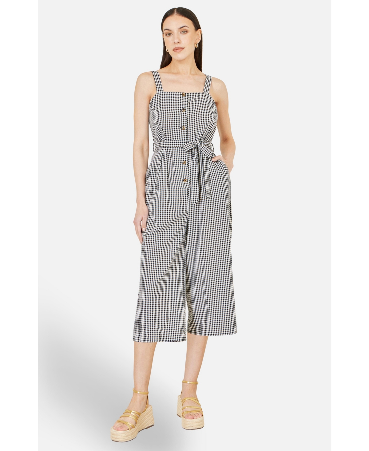 Click here for Yumi Womens Gingham Button Through Jumpsuit - Blac... prices