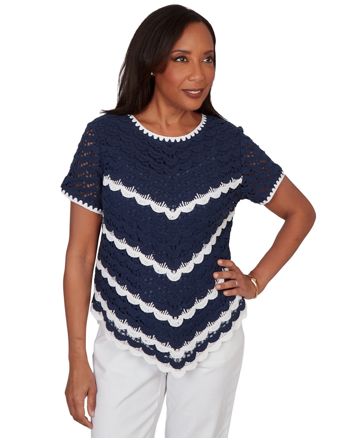 Click here for Alfred Dunner Petite Chevron Crochet Short-Sleeve... prices