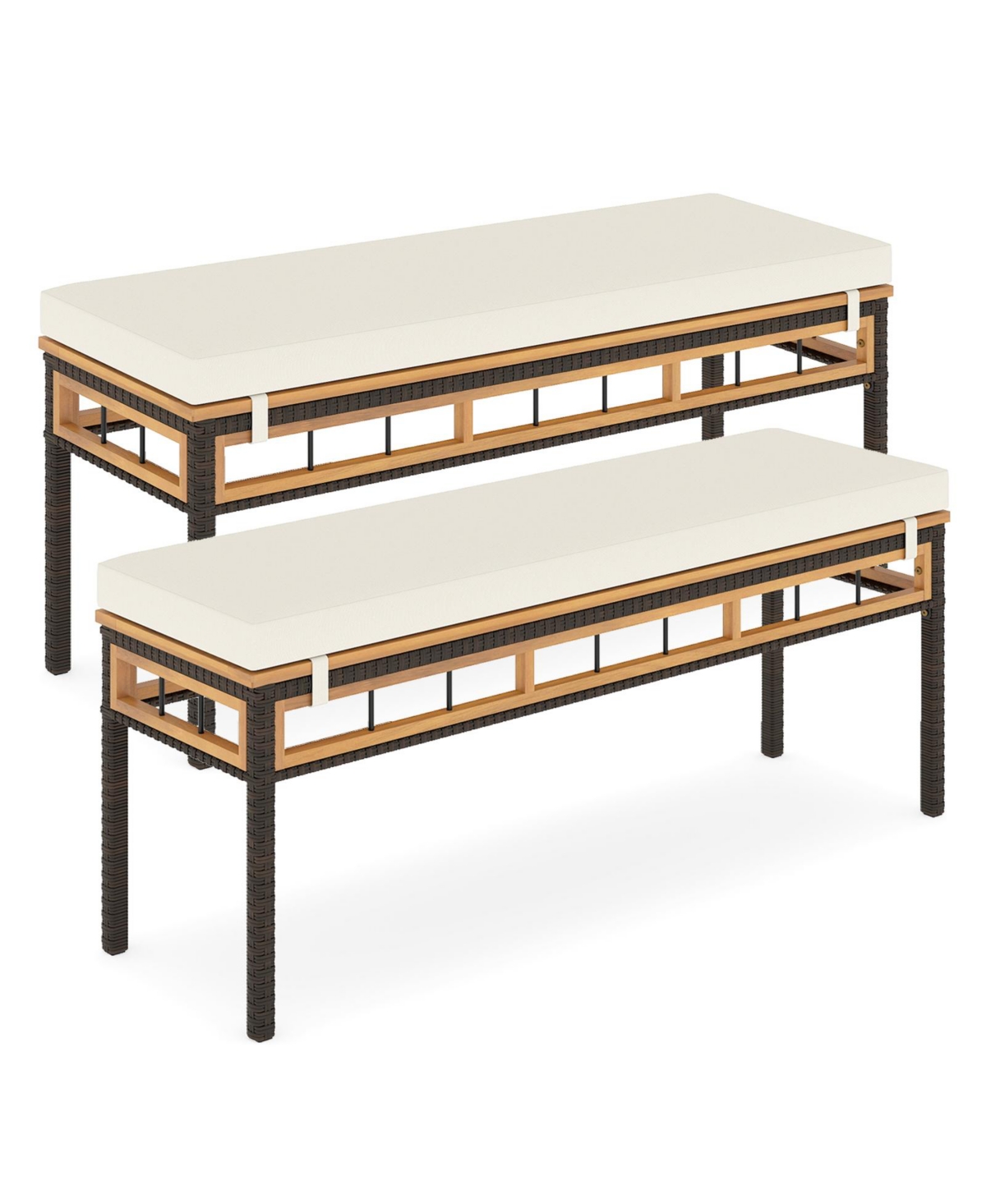 Click here for Gymax 2Pcs Wicker Patio Bench/Acacia Wood Seat Rem... prices