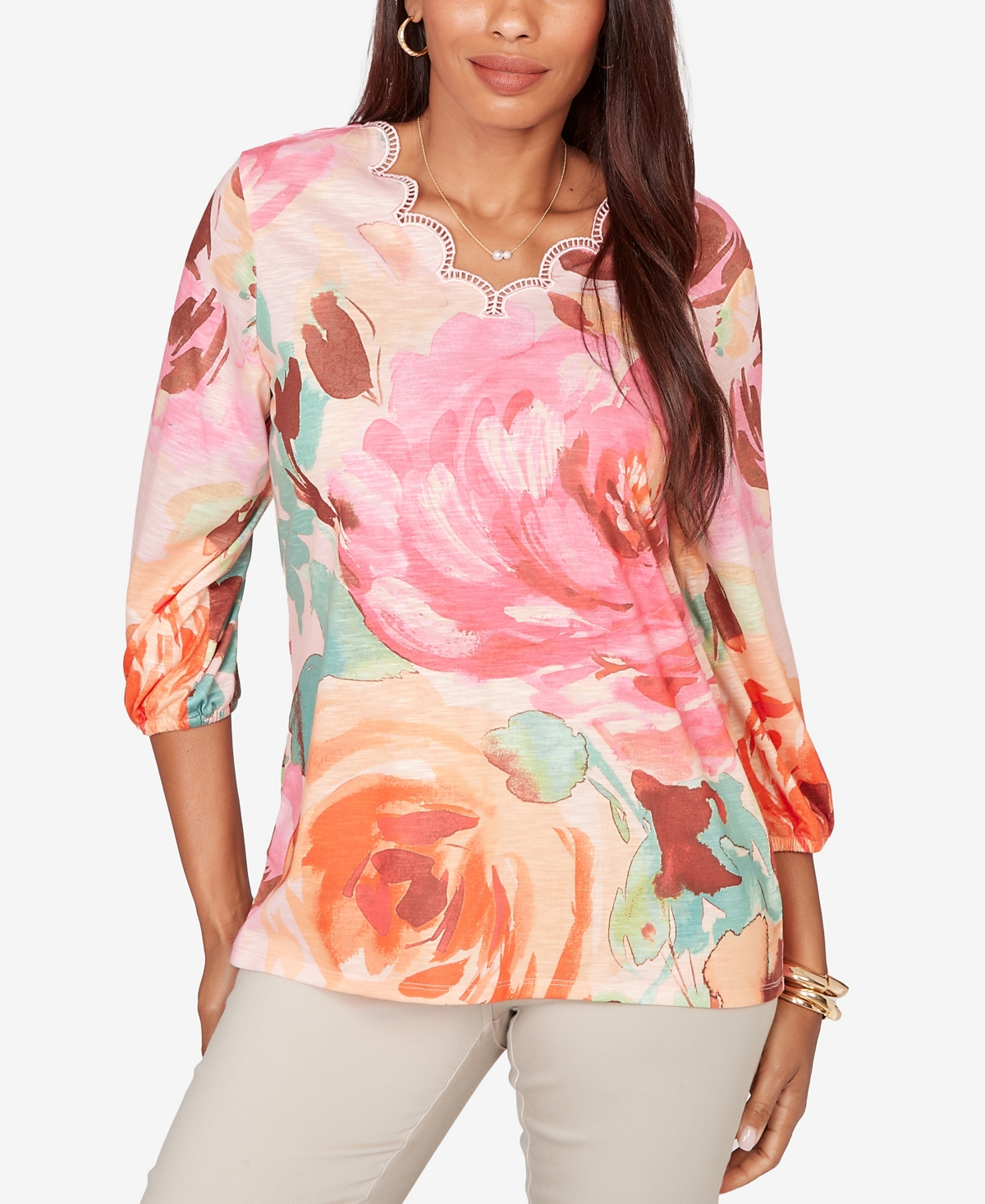 Click here for Ruby Rd. Petite Scalloped Neck Bold Floral Knit To... prices