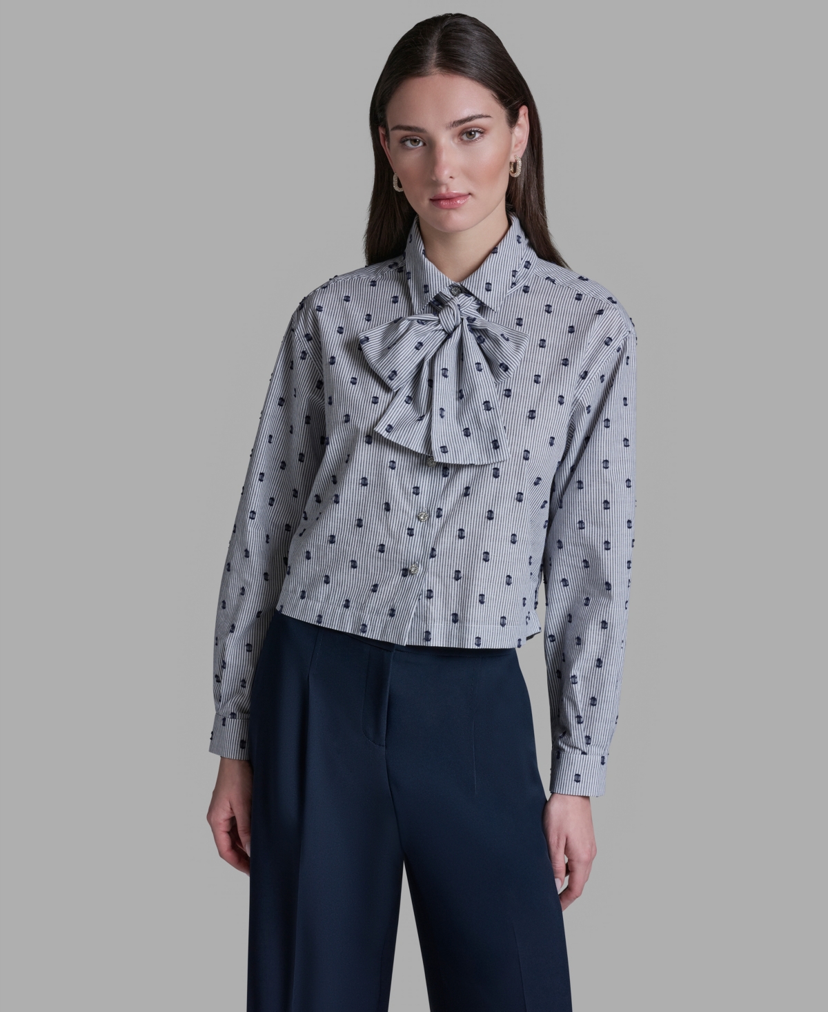 Click here for Bcbg Womens Tie-Neck Long-Sleeve Stripe Top - Indi... prices