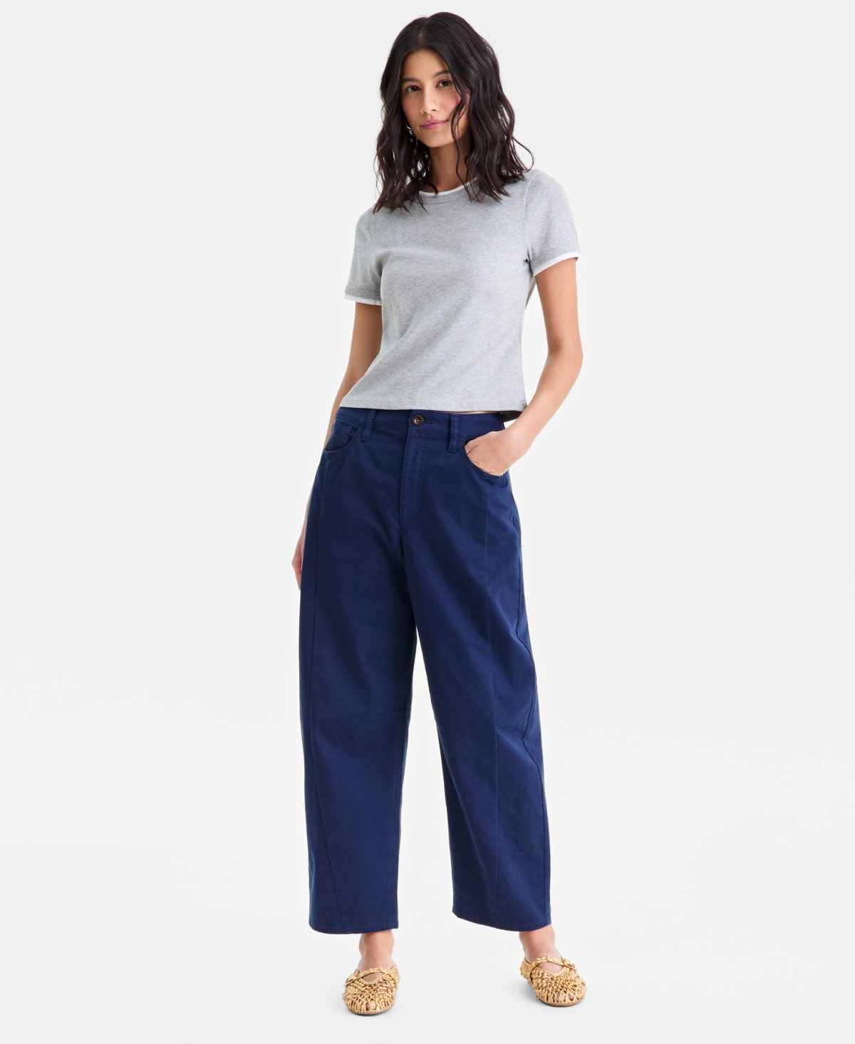 Click here for On 34th Womens High-Rise Twill Barrel-Leg Pants  M... prices