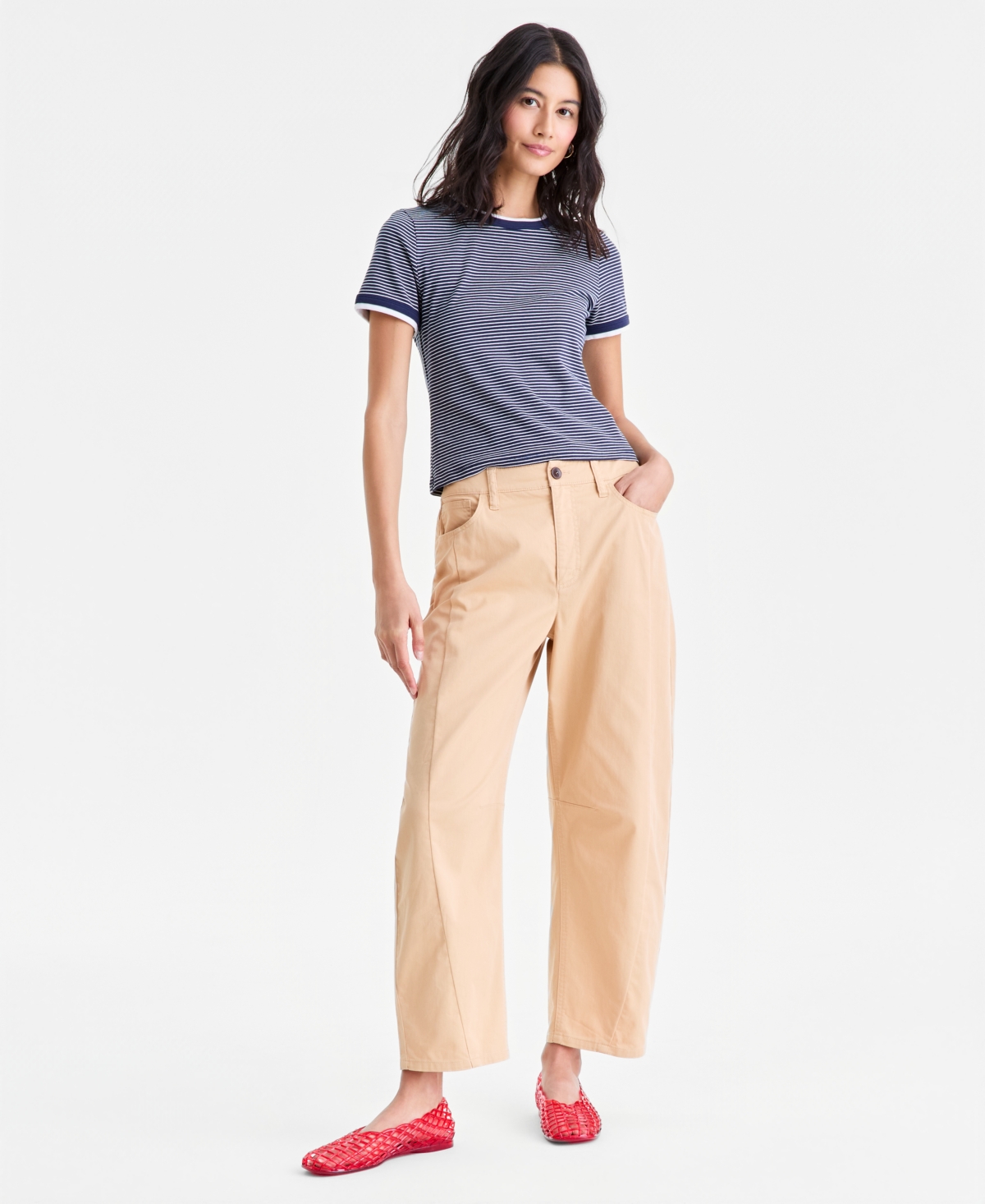 Click here for On 34th Womens High-Rise Twill Barrel-Leg Pants  M... prices