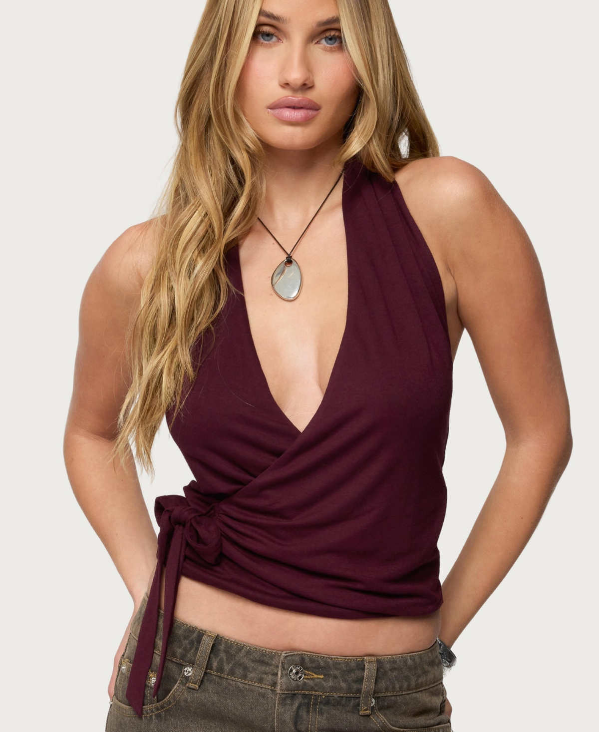 Click here for Edikted Womens Addana Wrapped Halter Top - Burgund... prices