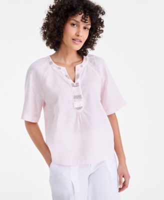Click here for Charter Club Womens 100 Linen Embellished Neck Elb... prices