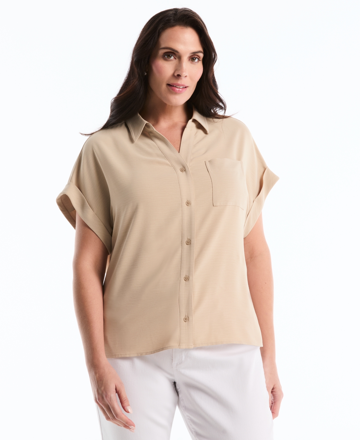Click here for Rafaella Plus Size Roll Short-Sleeve Shirt - Humus prices
