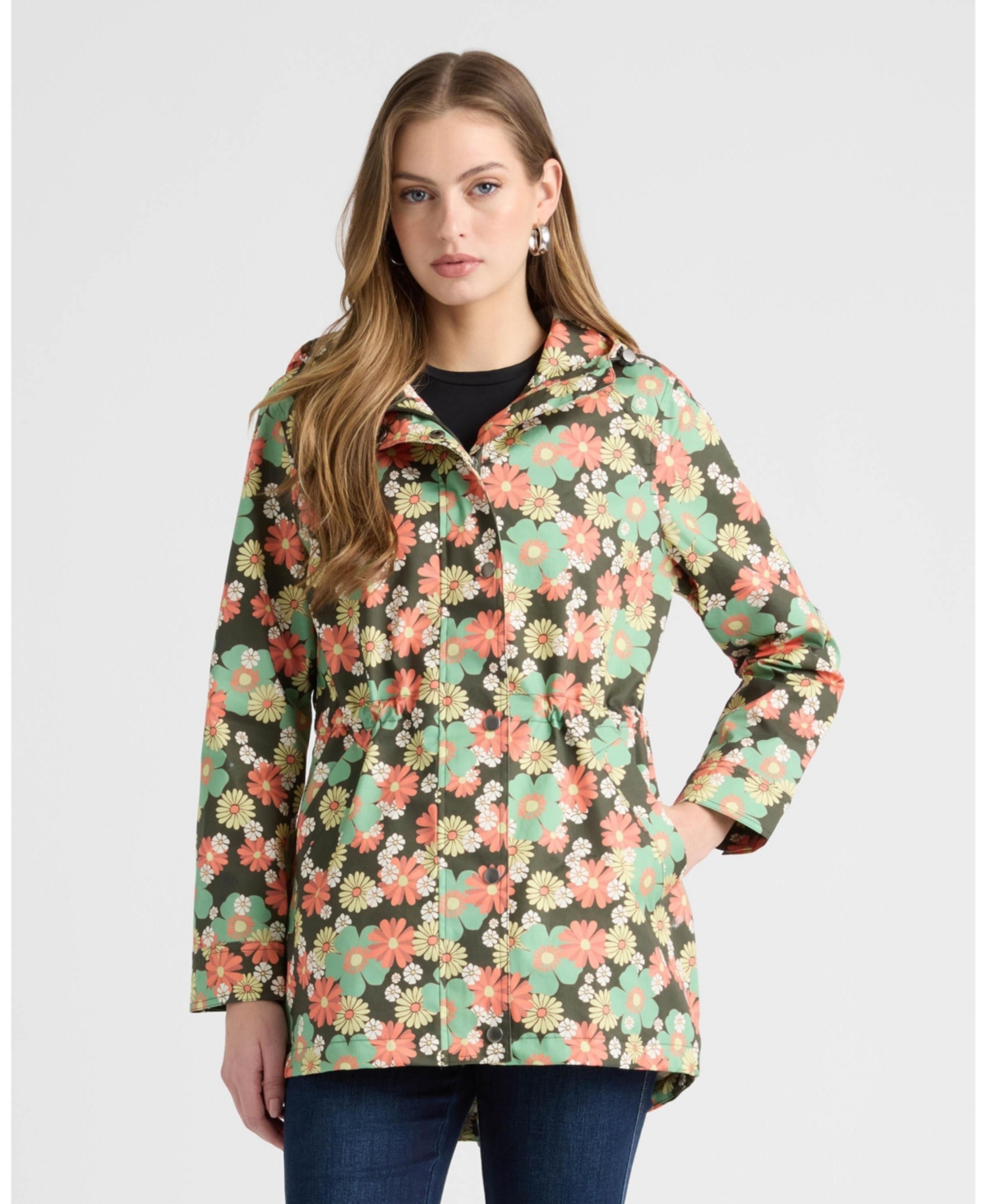 Click here for Nvlt Womens Mid Length Rain Jacket - Green floral prices