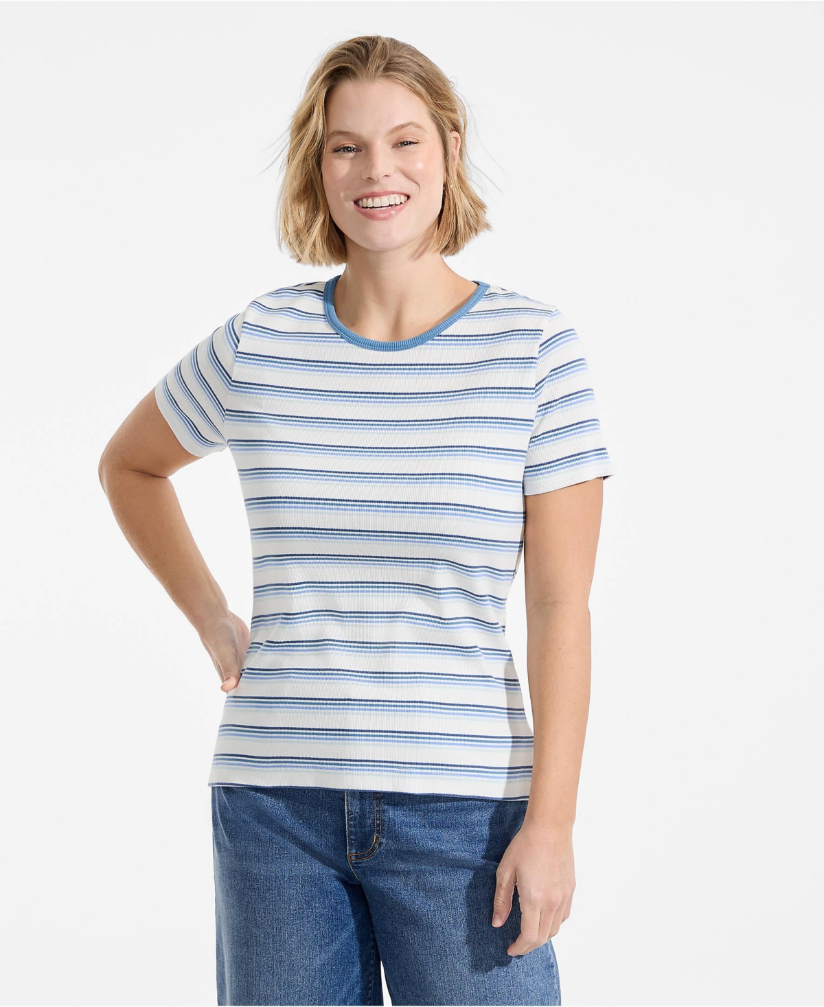 Click here for Lands End Plus Size Micro Rib T-Shirt - Ivory/teal... prices