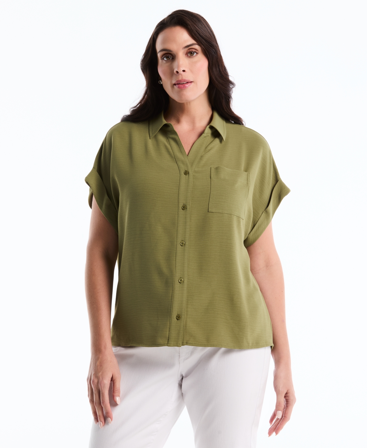 Click here for Rafaella Plus Size Roll Short-Sleeve Shirt - Loden... prices