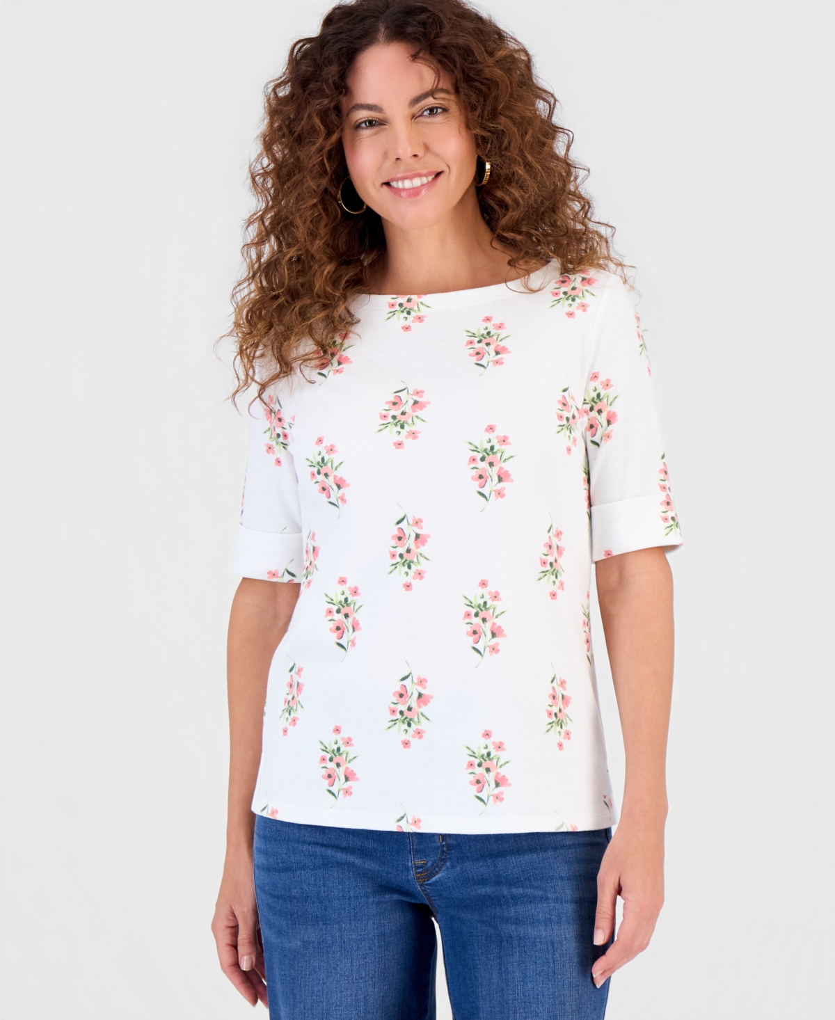 Click here for Style & Co Womens Printed Boat-Neck Elbow-Sleeve T... prices