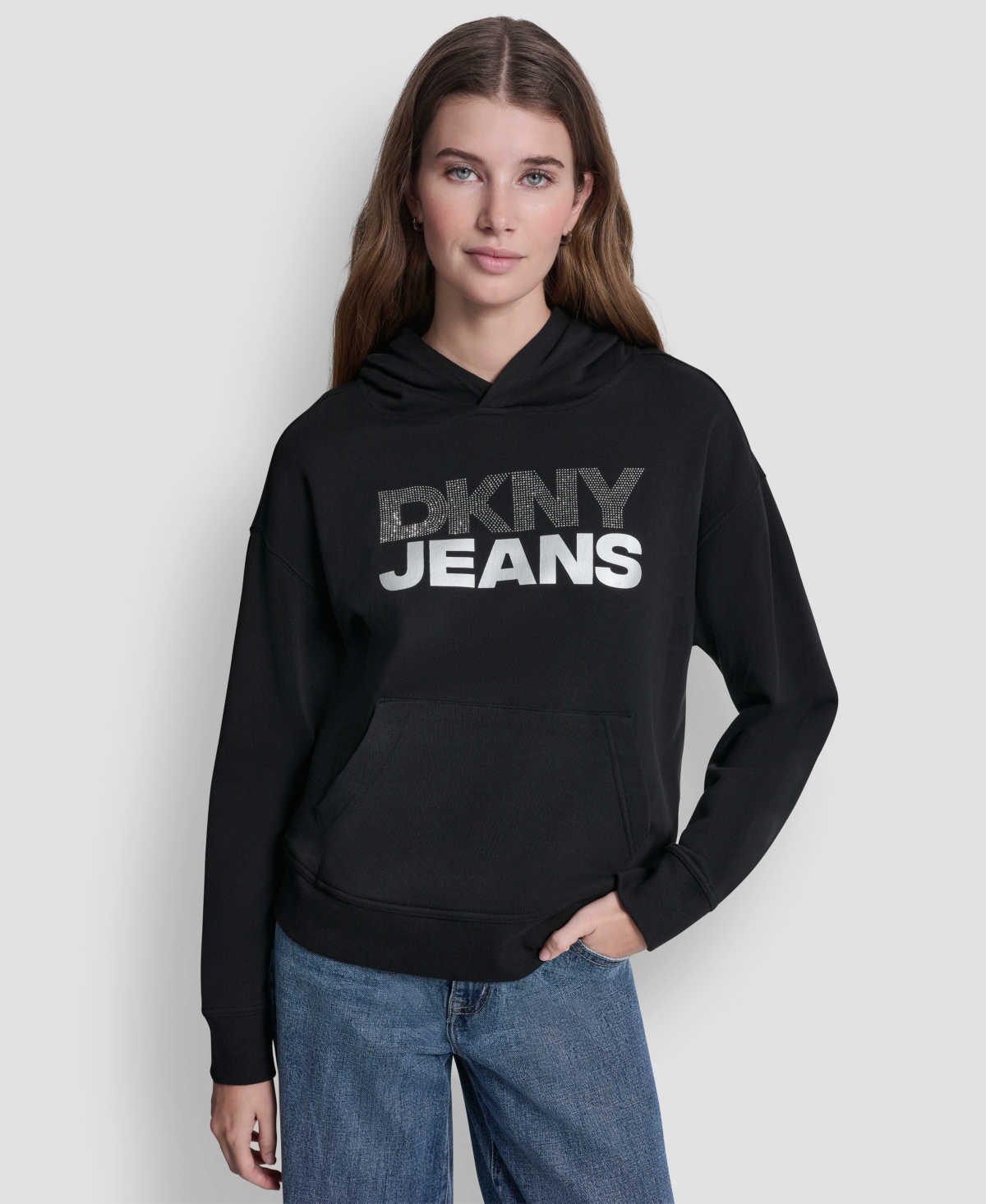 Click here for Dkny Jeans Womens Stacked Rhinestone Foil Logo Hoo... prices