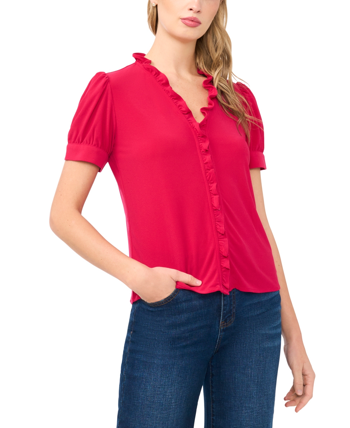 Click here for CeCe Womens V-Neck Short-Sleeve Buttoned Top - Ros... prices