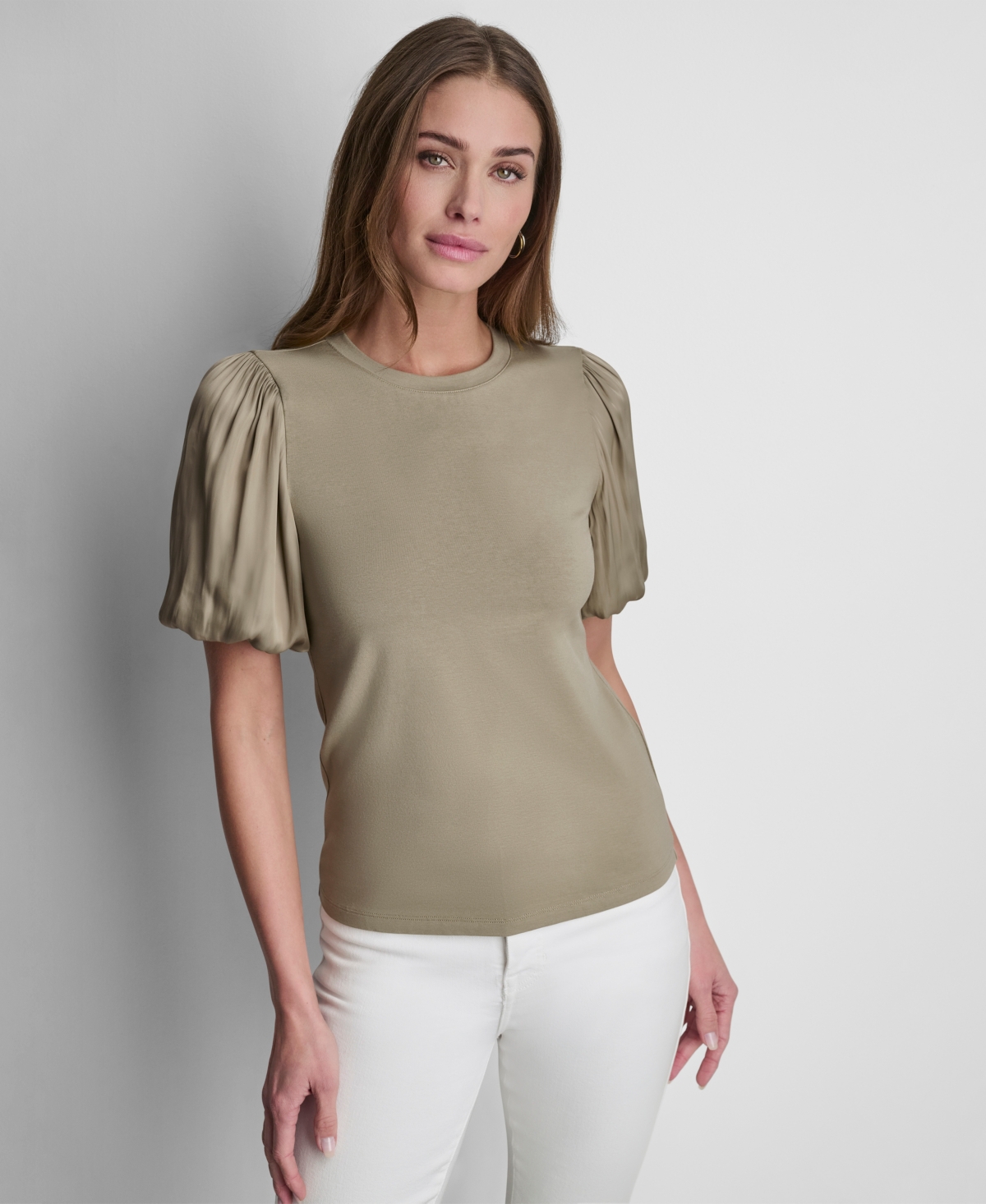 Click here for Dkny Womens Puffed Crewneck Mix Media Knit Top - L... prices