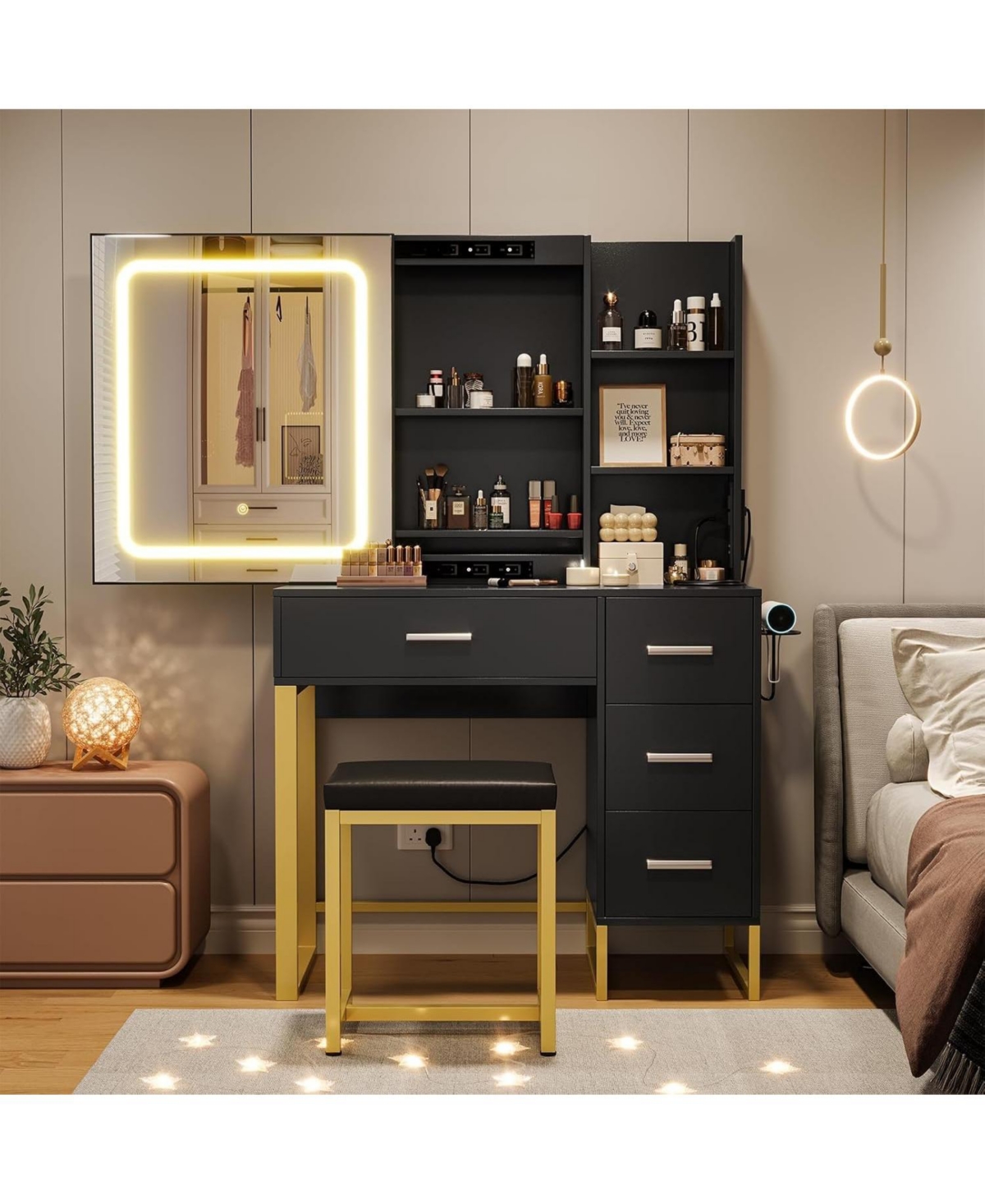 Click here for gaomon Wood Lighted Mirror Power Outlet Vanity Des... prices