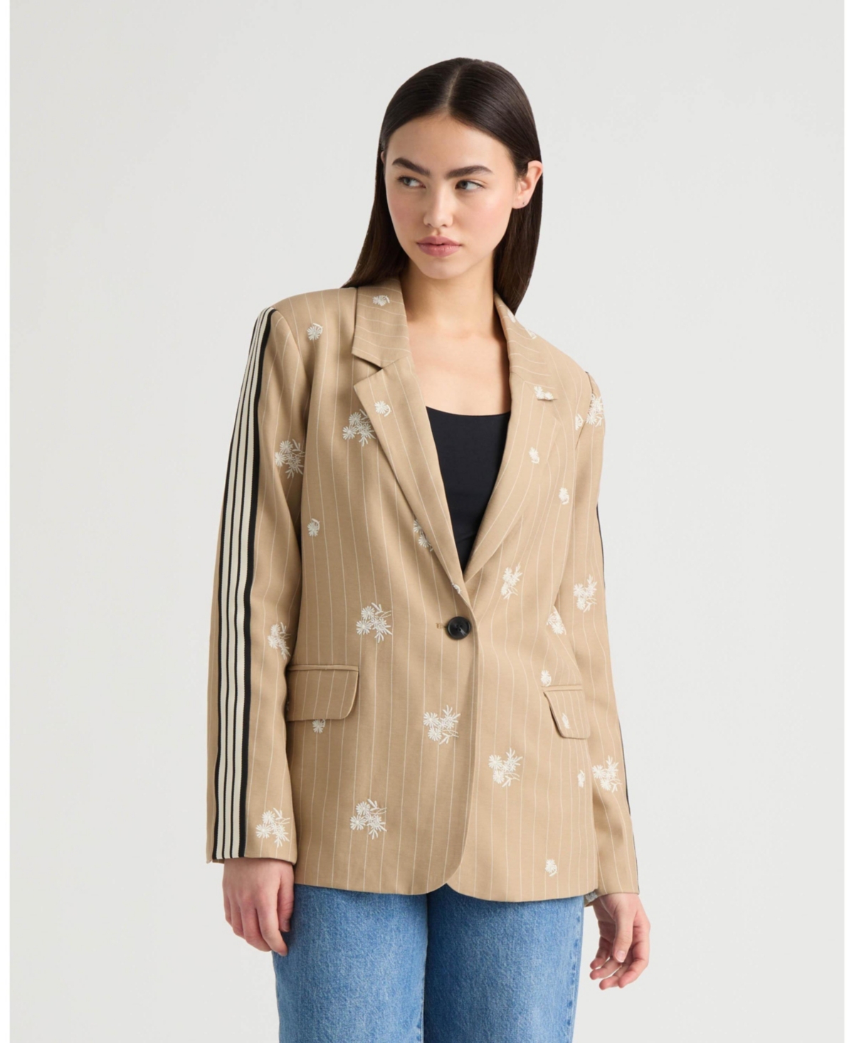 Click here for Nvlt Womens Embroidered Stripe Blazer - Camel stri... prices