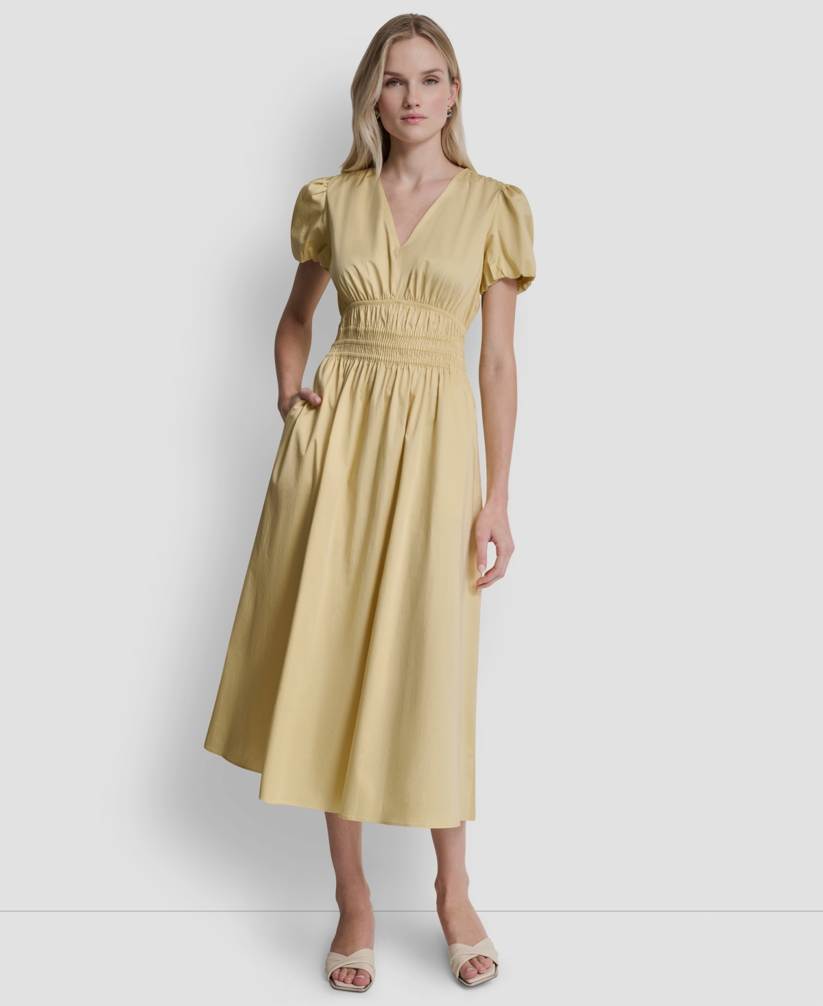 Click here for Dkny Womens Smocked V-Neck Midi Dress - Buttercrea... prices
