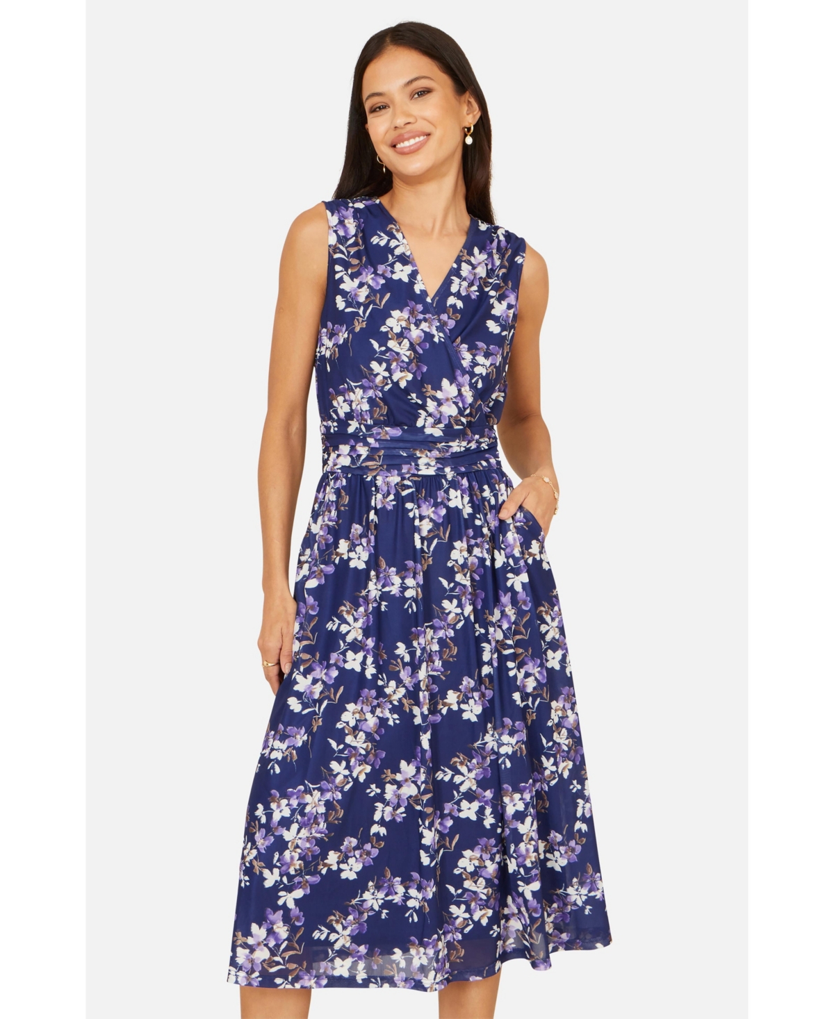 Click here for Yumi Womens Blossom Print Mesh Stretch Midi Dress... prices