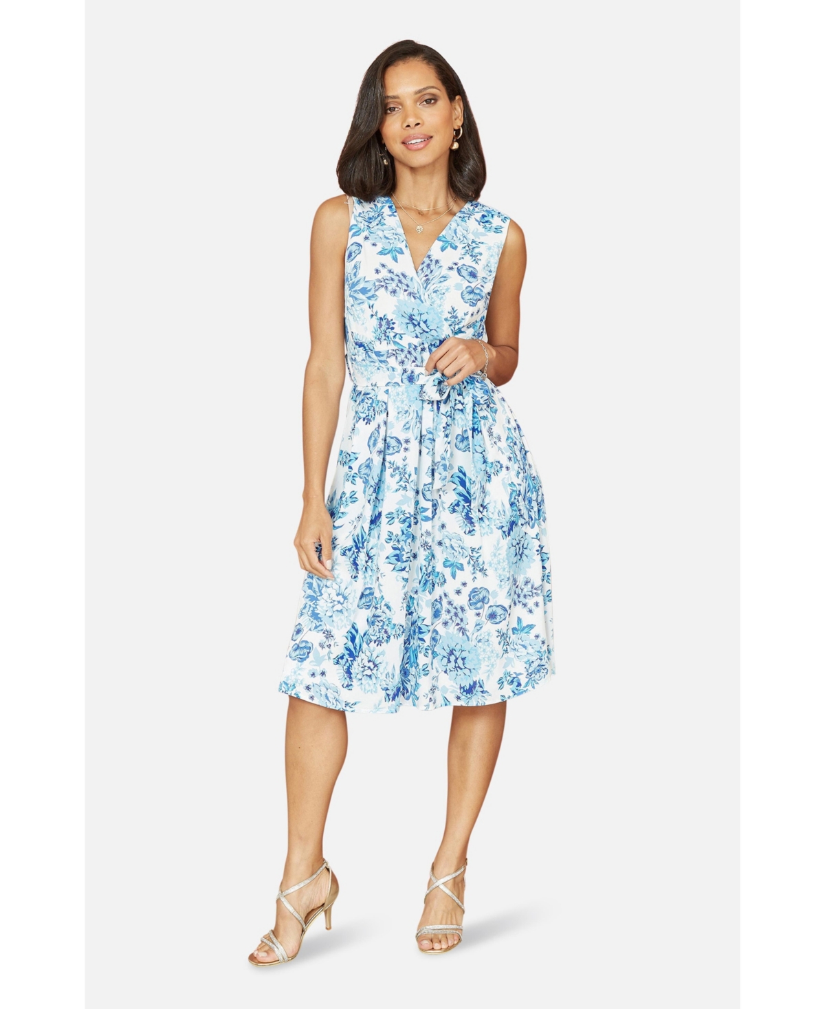 Click here for Yumi Womens Floral Wrap Over Skater Dress - Blue prices
