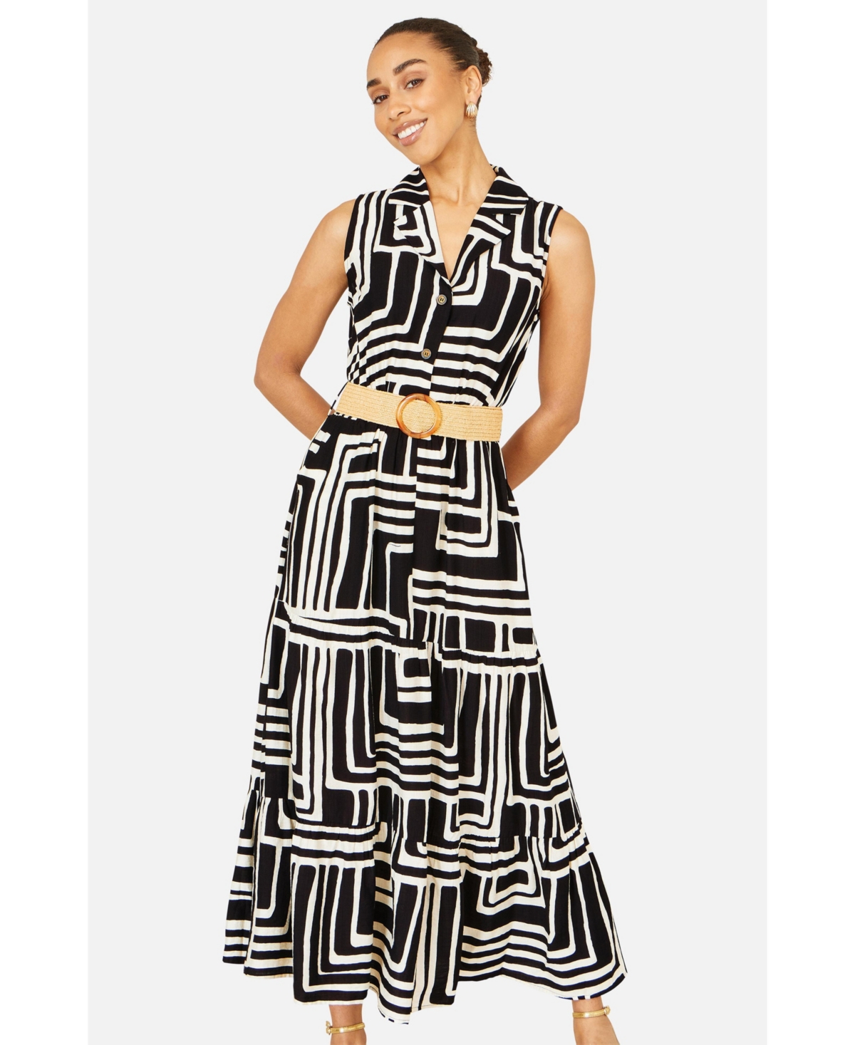 Click here for Yumi Womens Geo Print Midi Shirt Dress - Black prices