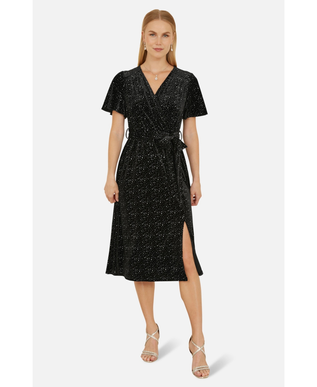 Click here for Yumi Womens Velvet Sparkle Wrap Midi Dress - Black prices