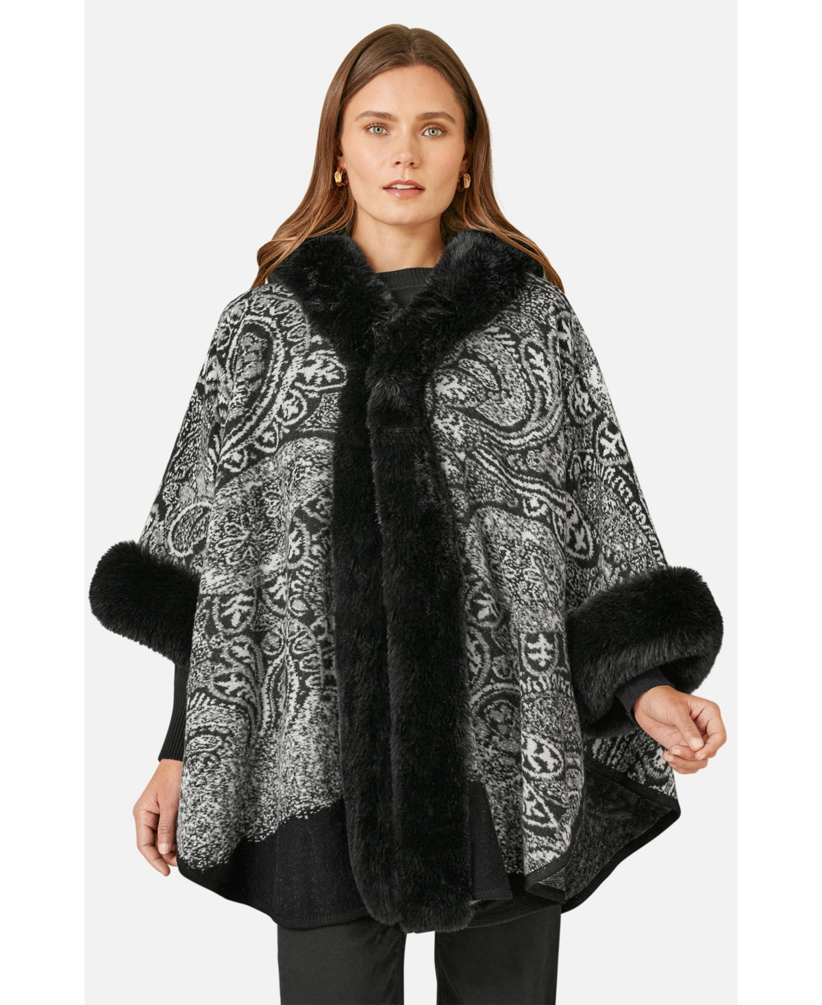 Click here for Yumi Womens Paisley Print Faux Fur Trim Cape - Bla... prices